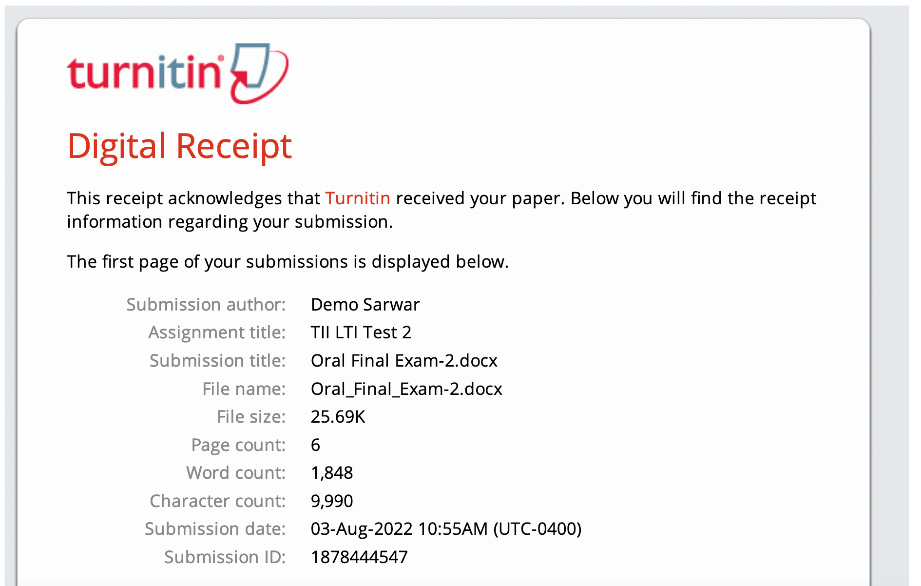 Turnitin LTI Digital Receipt — York College / CUNY