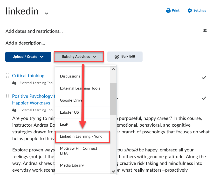 Adding LinkedIn Learning content in your BrS courses - CTLET - York College