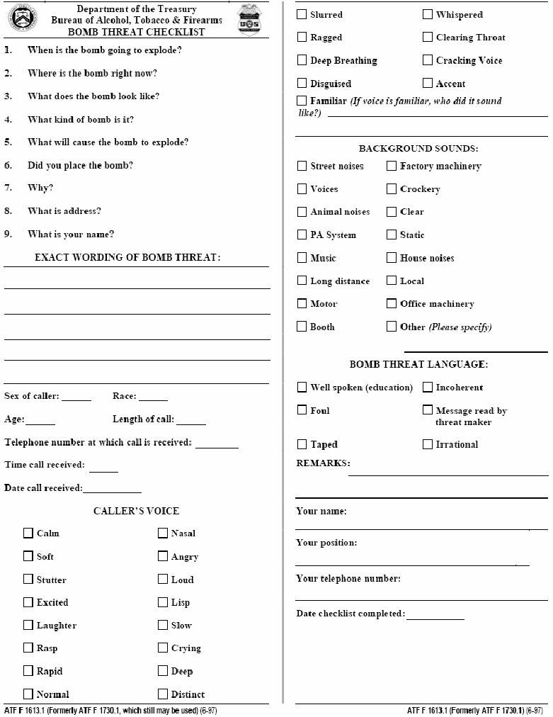 Bomb Threat Checklist - York College / City University of New York ...